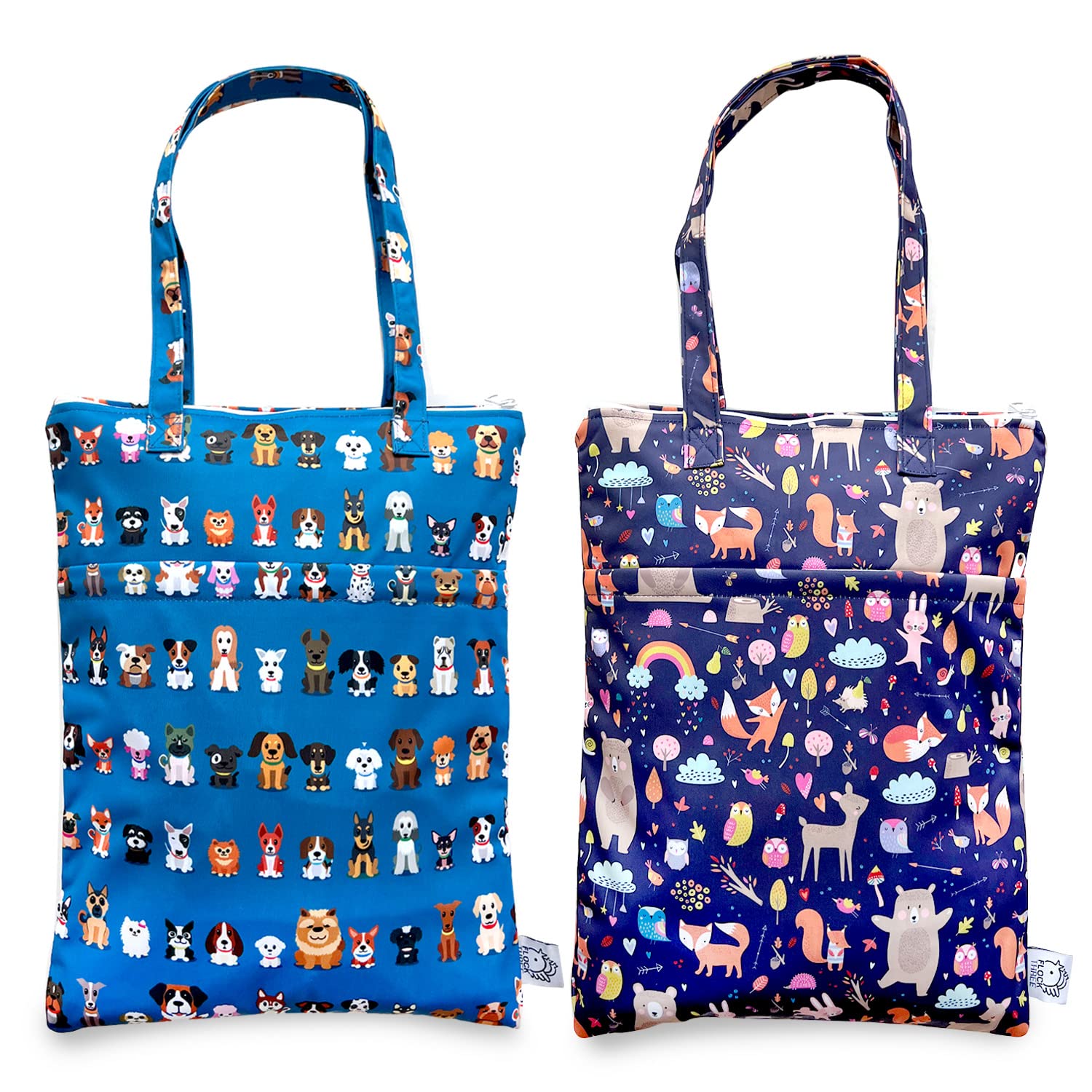 FLOCK THREE 2pcs Wet Dry Bag Waterproof Tote Reusable Wet Clothes Baby Diapers Stroller Swimsuit Travel Small Larger Electronics Toiletries Pouch Cute Animals