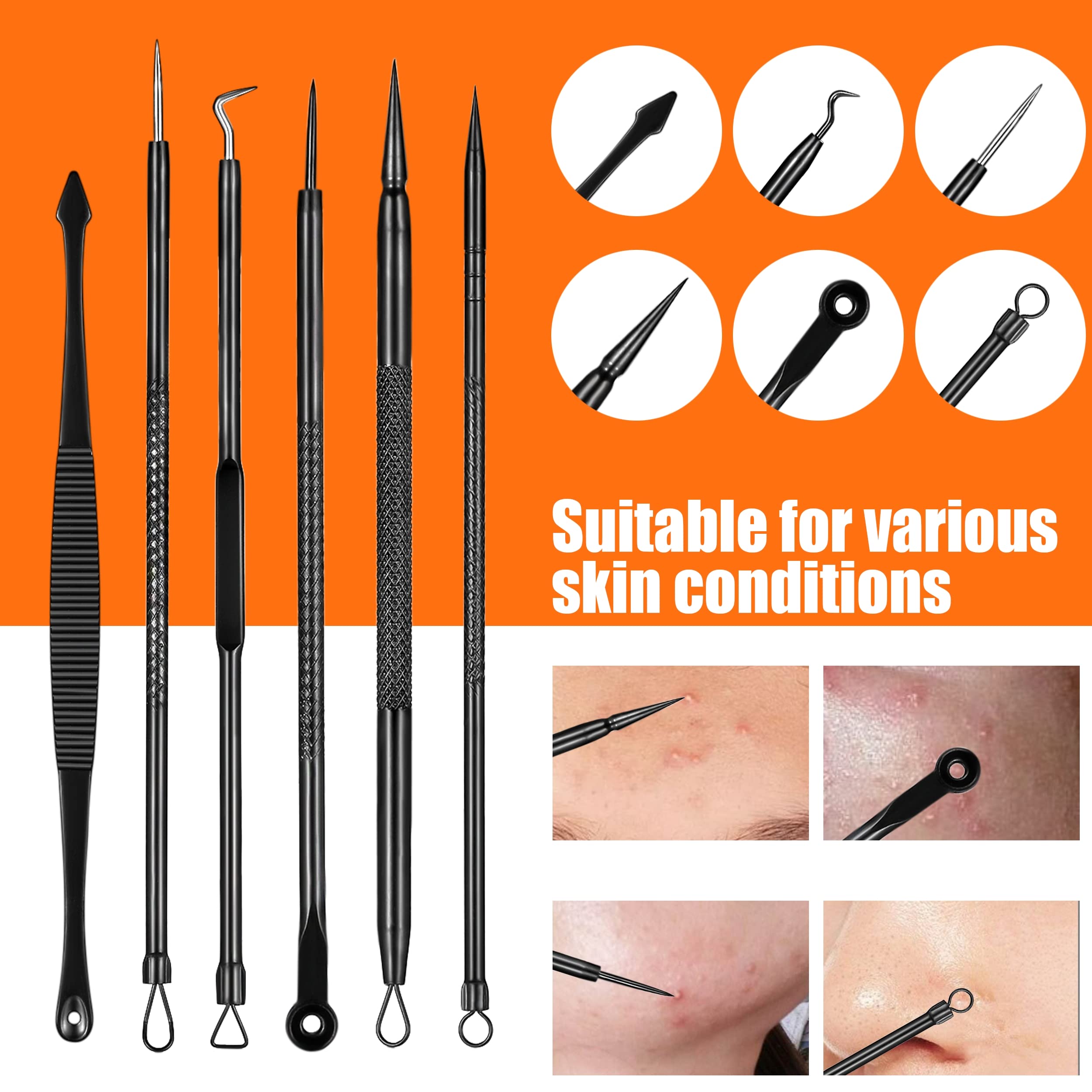 19 Pcs Blackhead Remover Pimple Popper Tool Kit,Professional Blackhead Extractor Tool for Nose Face, Stainless Comedone Extractor, Blemish Whitehead Popping Tool with Portable Metal Case (Black)