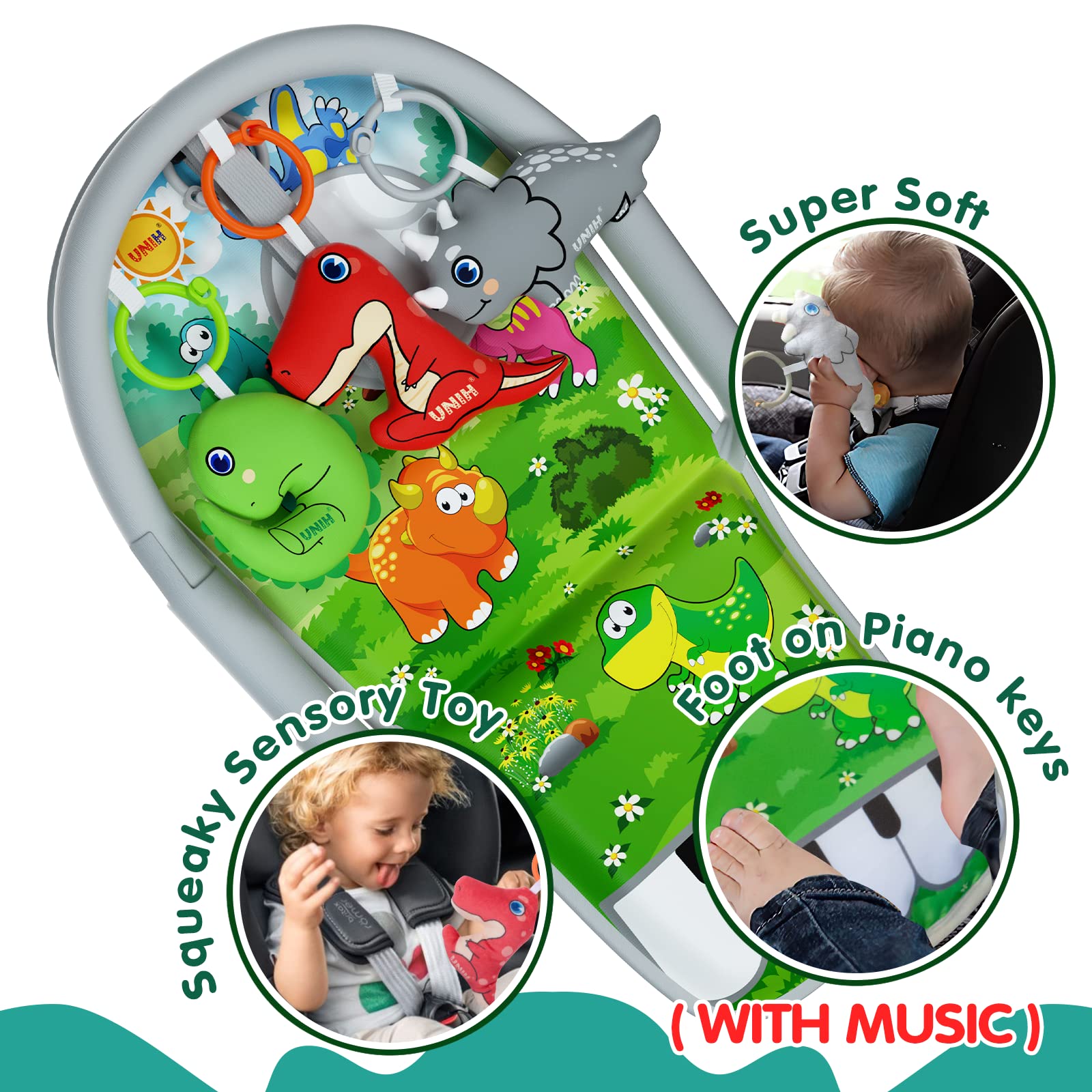 UNIH Car Seat Toys for Baby Infant 6 Months and Up, Adjustable with Baby Mirror and Hanging Squeaky Sensory Soft Toys 6 to 12 Months (with Music) Festival Prezzie for Kids