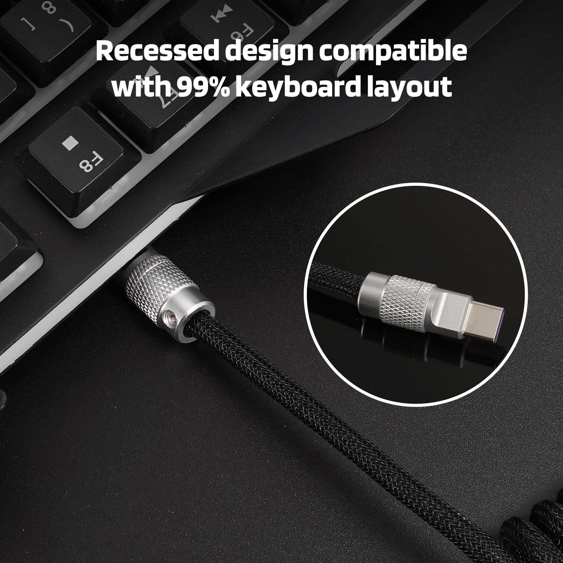 CUSTOMIZATIONS Coiled USB c Cable, Customized Gaming Mechanical Keyboard Cable, Handwork Braided + PET mesh, Metal Plug, with Detachable Metal Aviator Connector (Black)