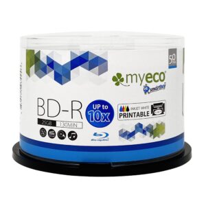 50 pack myeco bd-r bdr blu-ray 25gb upto 10x white inkjet hub printable blank data recordable media disc with cakebox/spindle packing