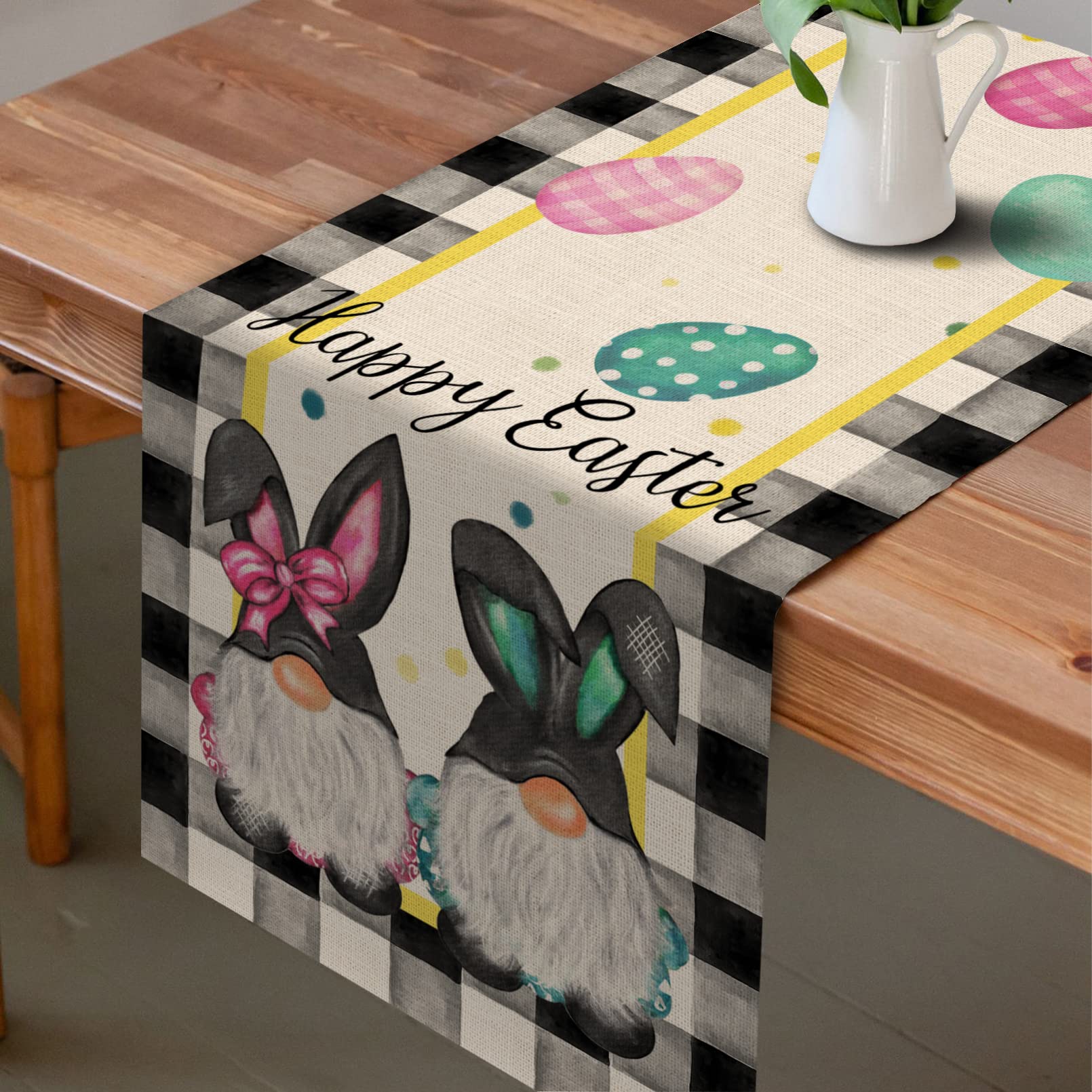 Seliem Happy Easter Bunny Gnome Eggs Table Runner, Black White Buffalo Plaid Check Home Kitchen Holiday Rabbit Decor, Spring Farmhouse Polka Dots Burlap Dining Decorations Party Supply 13 x 72