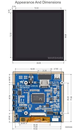 waveshare 4inch HDMI Capacitive Touch IPS LCD Display Compatible with Raspberry Pi 4B/3B+/3A+/2B/B+/A+/Zero/Zero W/WH/Zero 2W CM3+/4 720×720 Resolution Supports Jetson Nano/Windows