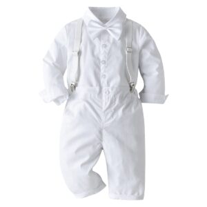 baptism christening outfits for boys baby clothes sets toddler boy outfit gentleman suits 3pcs striped bow tie shirts suspenders pants birthday formal wedding party dress suit # all white 12-18 months