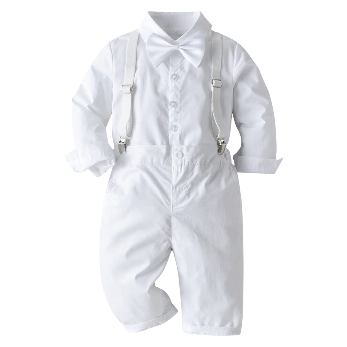 Baptism Christening Outfits for Boys Baby Clothes Sets Toddler Boy Outfit Gentleman Suits 3pcs Striped Bow Tie Shirts Suspenders Pants Birthday Formal Wedding Party Dress Suit # All White 12-18 Months