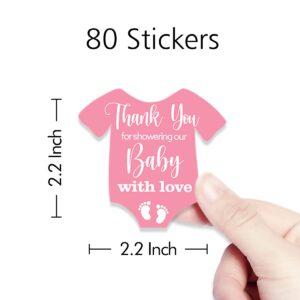 Cute Thank You for Showering Our Baby with Love Pink Baby Onesie Shaped Girl Baby Shower Thank You Stickers Labels for Girl Baby Shower Birthday Party Favor Label Decorations(10 in,80 Labels)