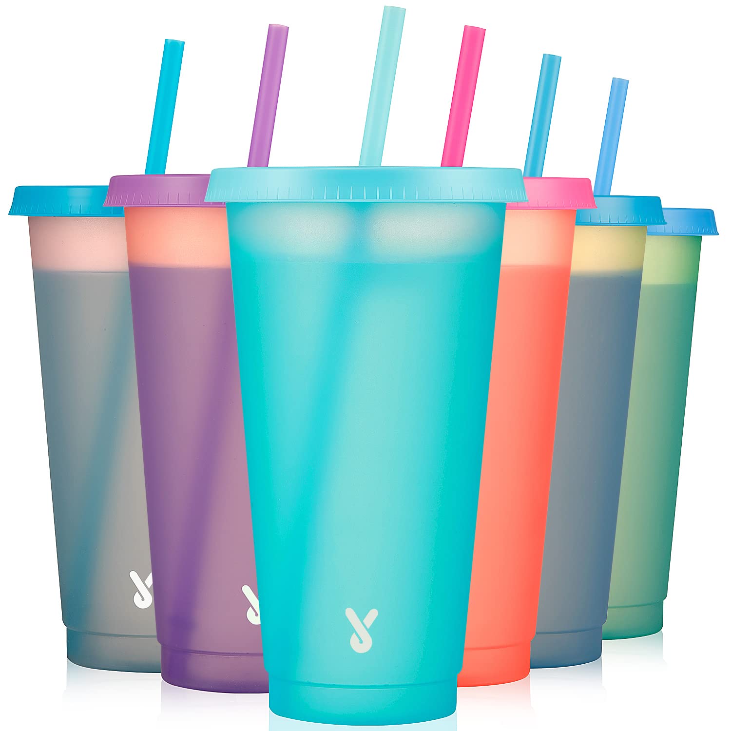 Meoky Plastic Cups with Lids and Straws - 6 Pack 24 oz Color Changing Cups with Lids and Straws Bulk, Reusable Cups with Lids and Straws for Adults Kid Women Party, Cute Cold Cups for Iced Coffee