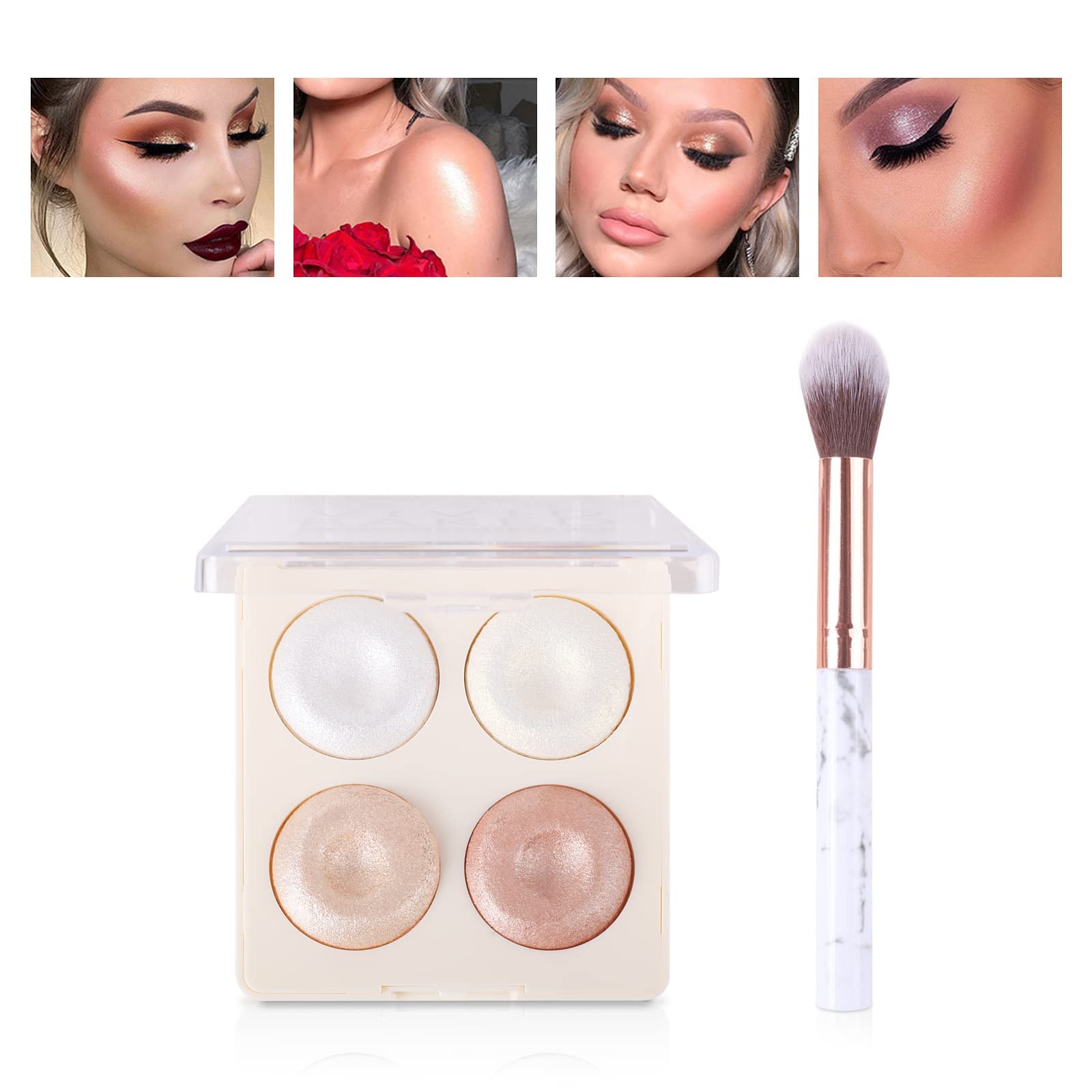 MEICOLY Highlighter Makeup Palette,4 Colors Baked Powder Contour Bronzer Palette,Face White Shimmer High Glow Brighten Highlighters Makeup with Marble Makeup Brush - Vegan, Cruelty Free,01