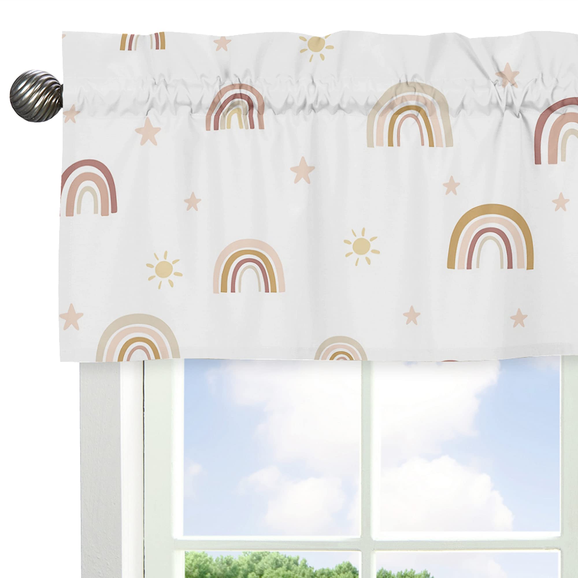 Sweet Jojo Designs Boho Rainbow Window Treatment Valance - Blush Pink Dusty Rose Gold Yellow Mauve Taupe Beige Tan Bohemian Stars Sun Celestial Vintage Sky