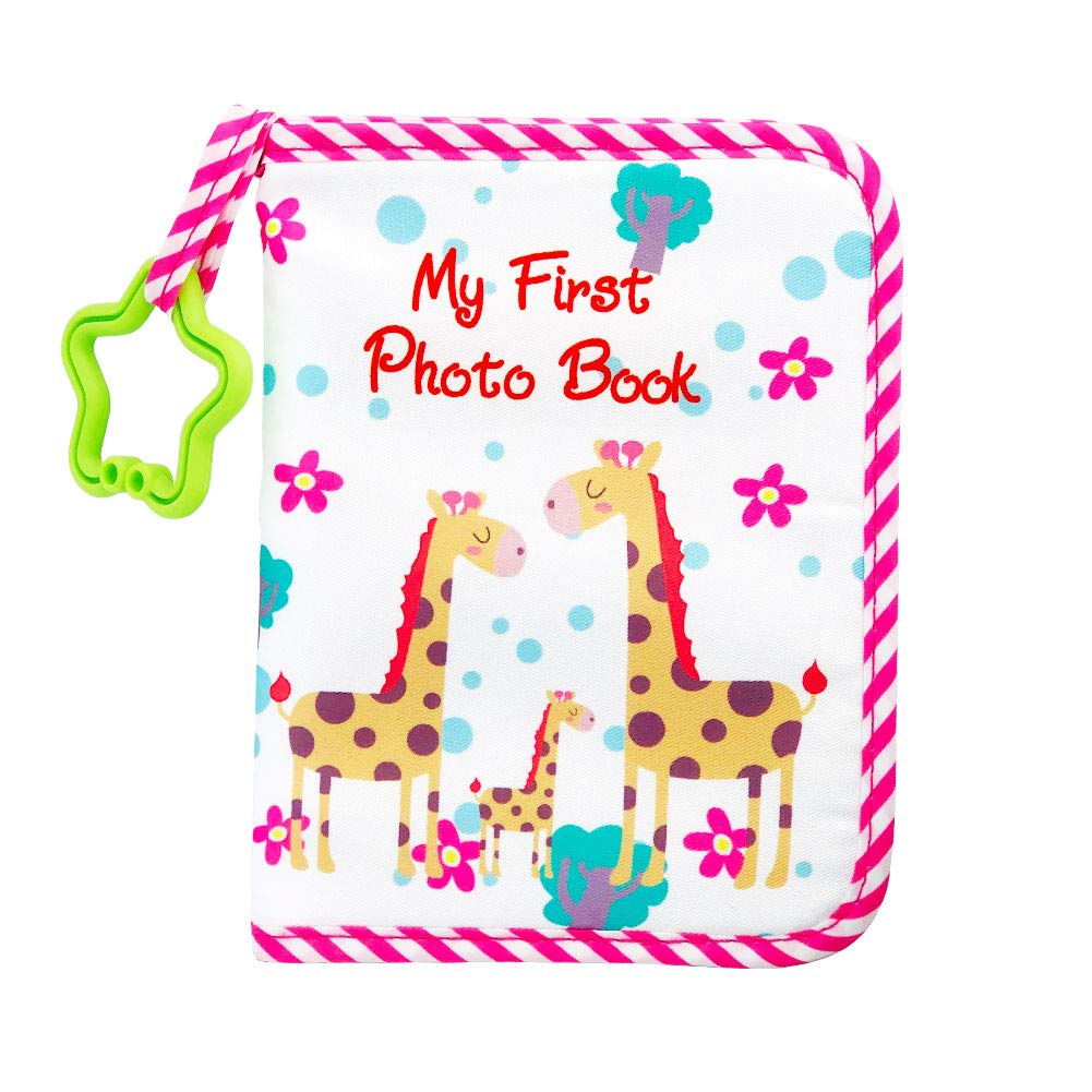 Buviagem Baby Soft Cloth Album; Baby‘s My First Photo Book for Family Memery with Safe Mirror Holds 17 Photos Pink Giraffe