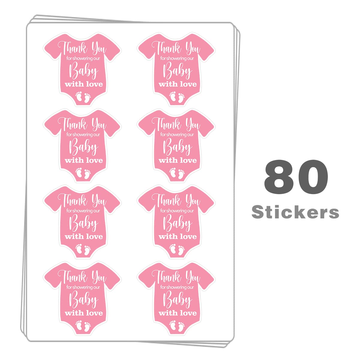 Cute Thank You for Showering Our Baby with Love Pink Baby Onesie Shaped Girl Baby Shower Thank You Stickers Labels for Girl Baby Shower Birthday Party Favor Label Decorations(10 in,80 Labels)