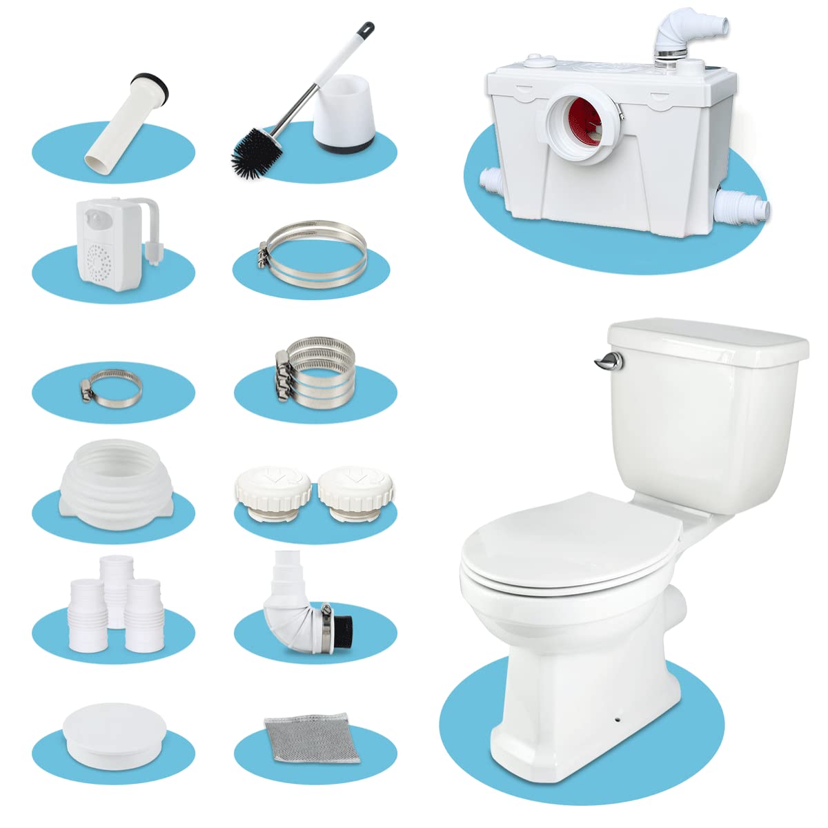 Upflush Macerating Toilet (3-Piece Kit)- Upflush Toilet for Basement Toilet System, Macerating Toilet with 500 Watt Macerator Pump, Extension Pipe and Round Bowl, for Kitchen Sink, Bathroom, Laundry