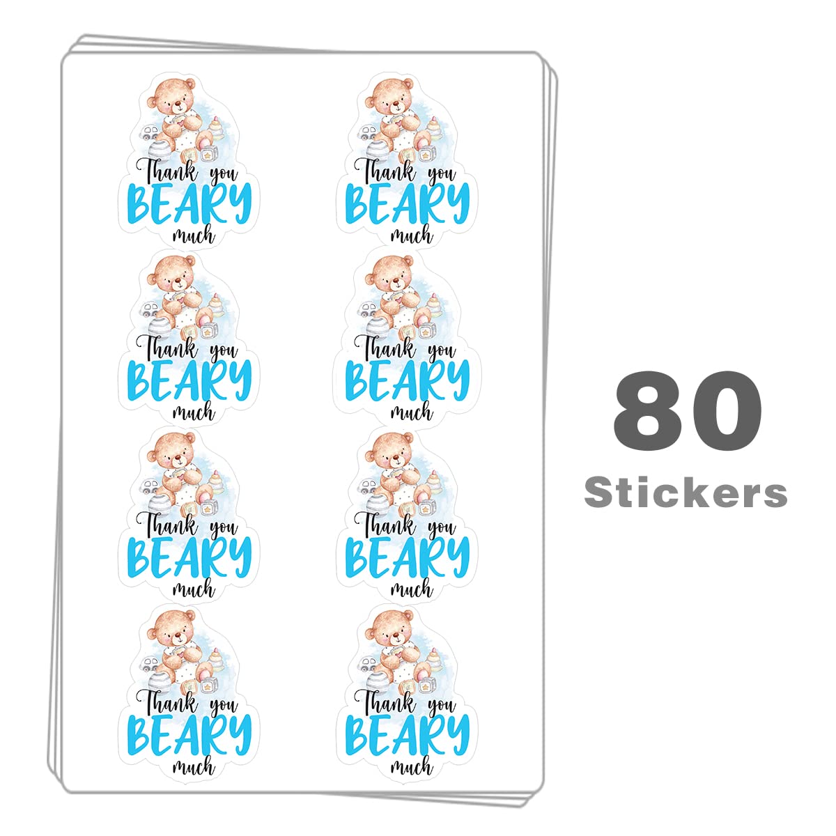 Cute Thank You Beary Much Blue Bear Boy Thank You Stickers Labels,Bear Lover Party Sticker for Boy Birthday Party Favor Label Decorations(10 in,80 Labels)