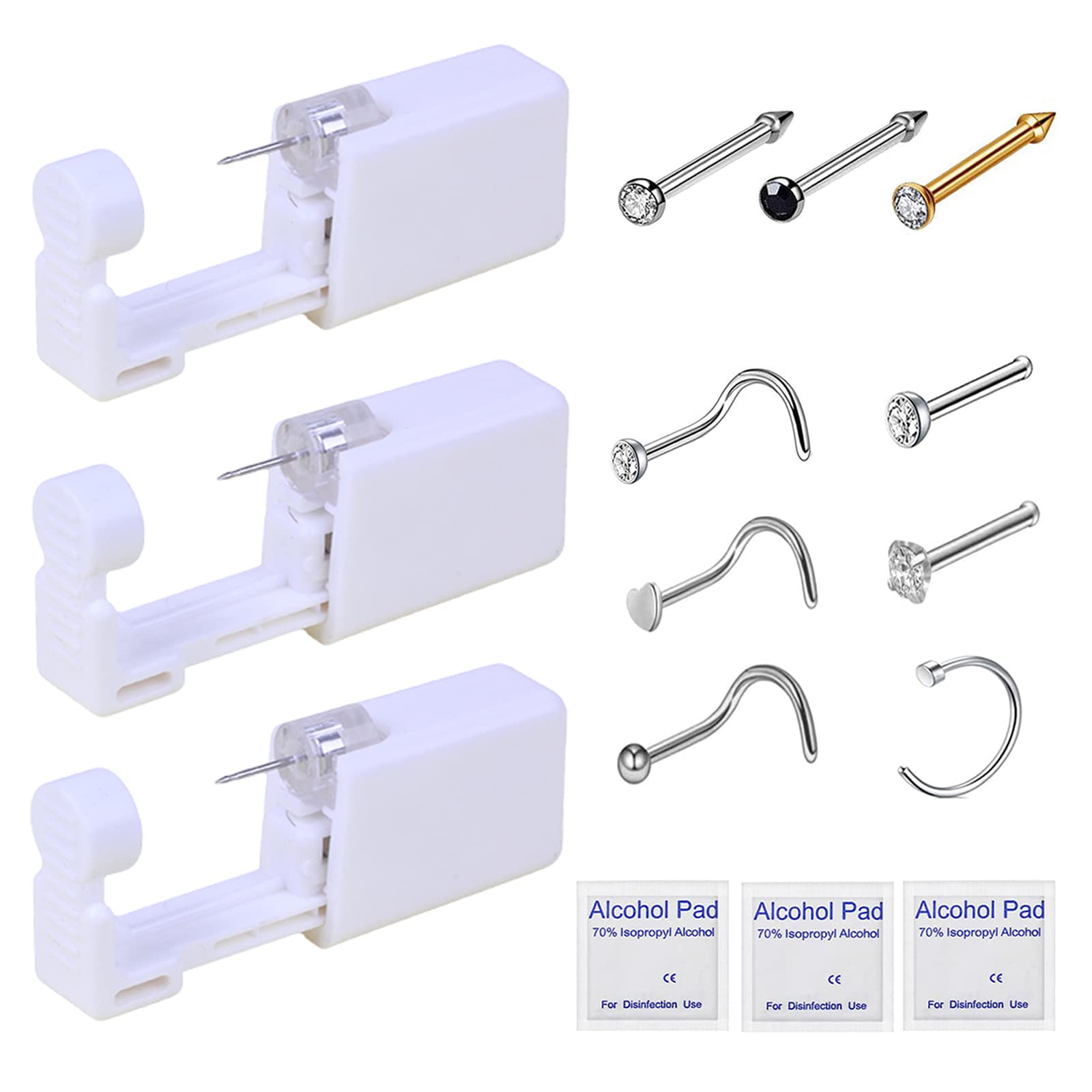 HYJLPAF Nose Piercing Kit - 3 Pack Self Nose Piercing Gun, Disposable Safety Nose Percinging Kit with Nose Rings Stud Nose Piercings Gun Kit Tool