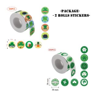 1000pcs St Patricks Day Stickers for Kids, 2 Pack Cute Shamrock Roll Stickers for Water Bottles St Patricks Day Decorations Decor for Envelopes Cards Bags Boxes Wrap Cards Party