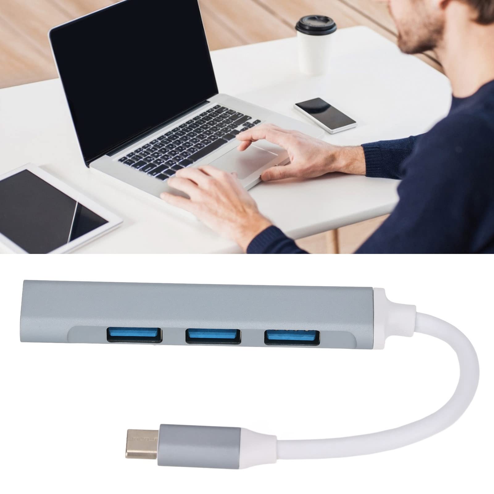 USB C Hub, 4 in 1 USB C to USB Adapter with USB 3.0 ＆ 3 USB 2.0 Ports, Portable Multiport USB C Splitter Hub for PC, Laptop, Mobile Phone, Tablet, Printer(Grey)