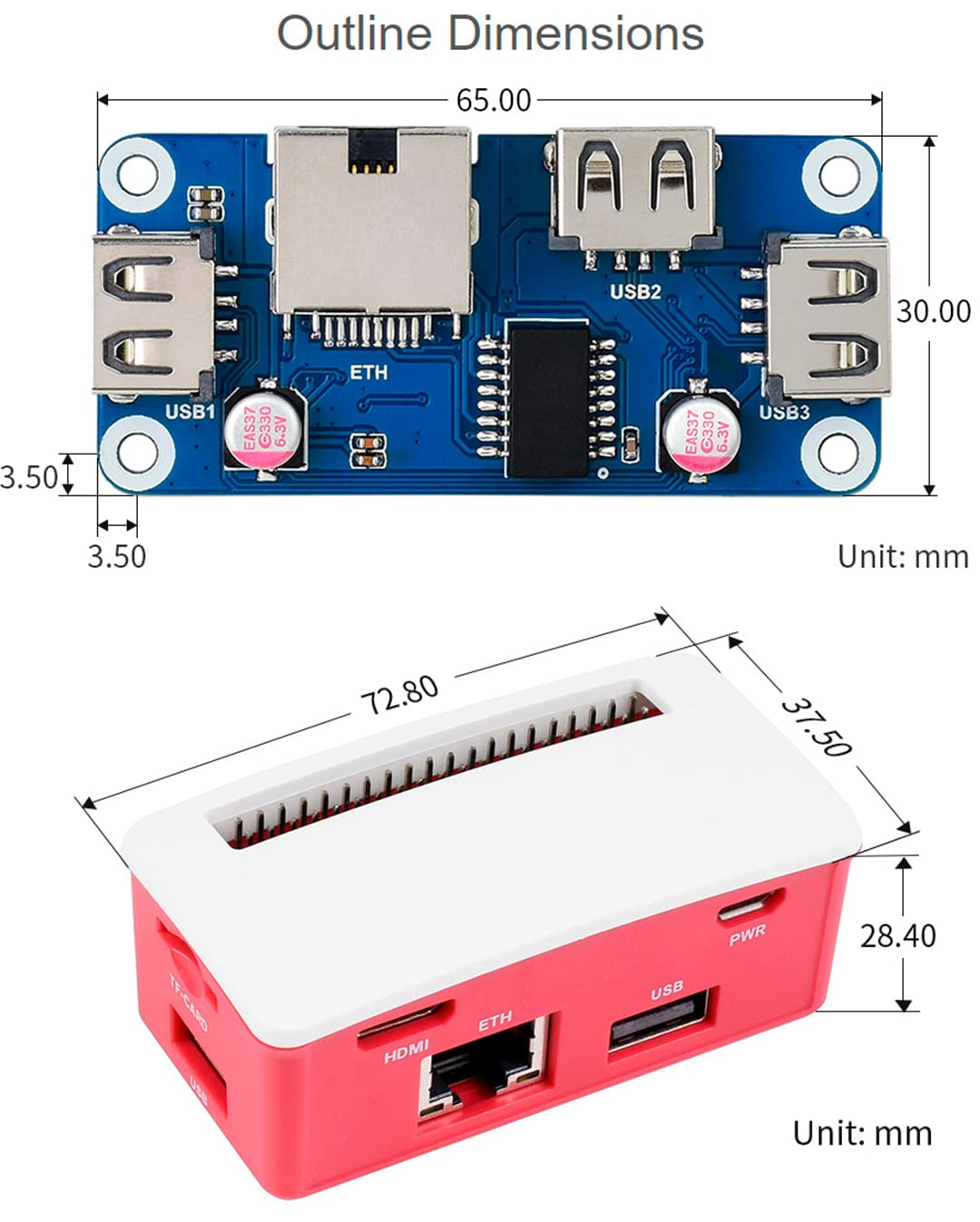 Ethernet/USB HUB HAT Board with ABS Case for Raspberry Pi Zero 2 W/Zero 2WH/Pi Zero/Zero W/Zero WH,with 3X USB Ports, Compatible with USB 2.0/1.1 and 1x RJ45 Ethernet Port 10/100M Auto-Negotiation