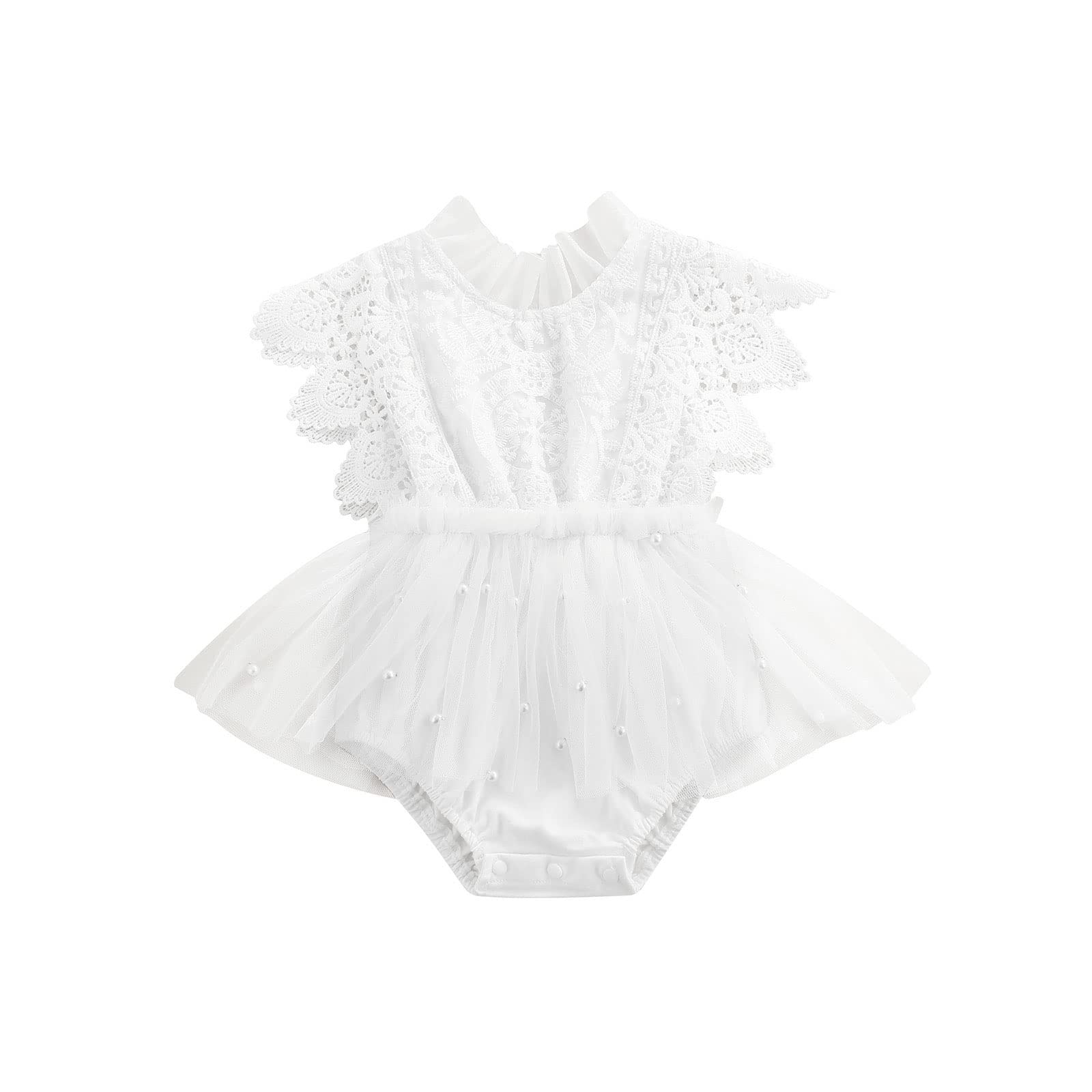 Newborn Infant Baby Girl Lace Ruffle Sleeve Romper Dress Sleeveless Jumpsuit Tutu SkirtPrincess Outfit (White, 0-6 Months)