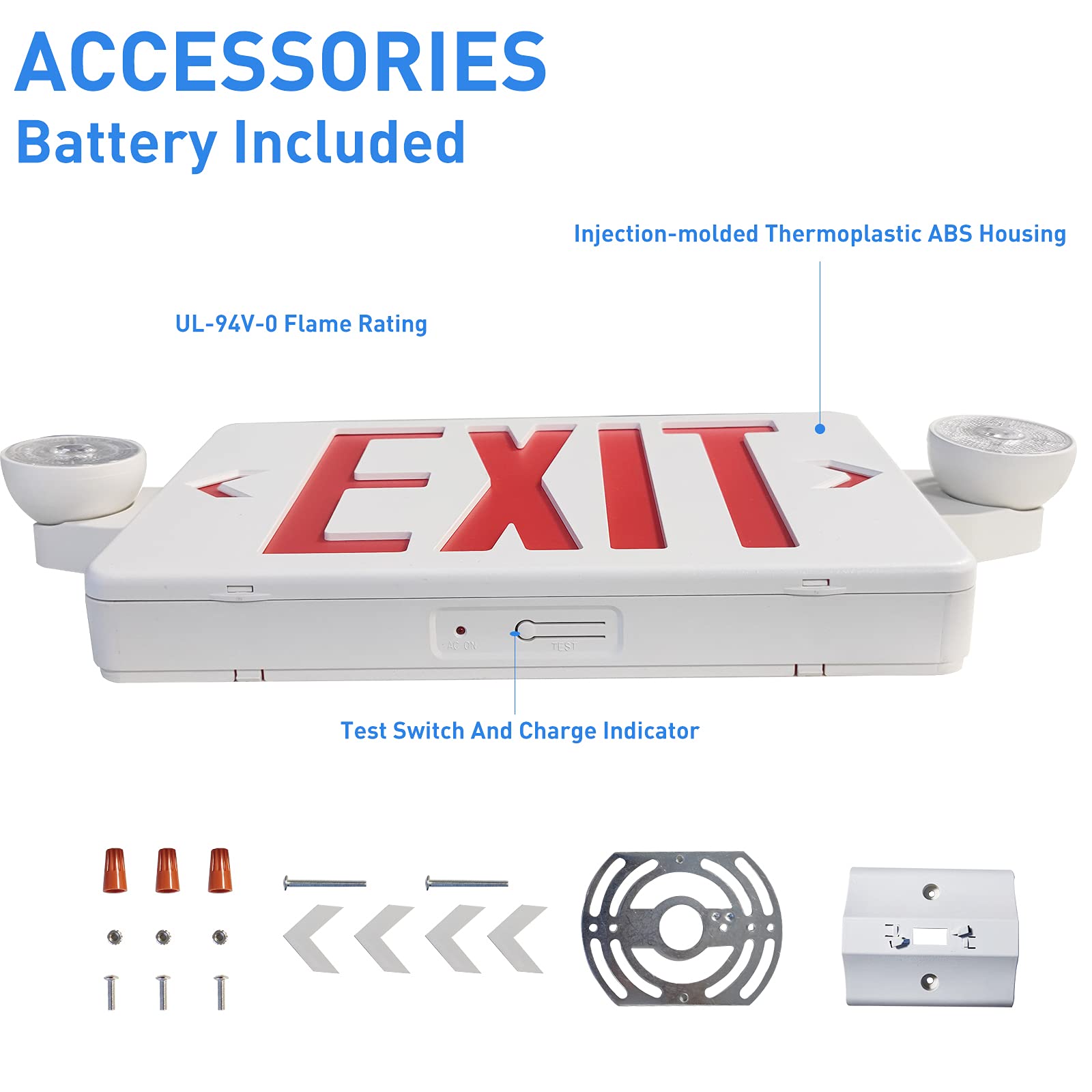 Exit Sign with Emergency Lights, Red Double-Face Exit Light with 90-Min Backup Battery, Universal Mount, Fire-Resistant ABS Housing, UL Listed, 120-277V (UL 94V-0 Rated)