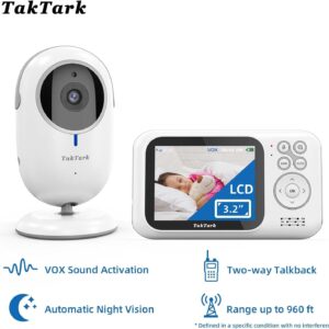 TakTark Baby Monitors, BM802 3.2" Video Baby Monitor with Camera and Audio, No WiFi, Night Vision, 2 Way Audio, Remote Pan & Tilt, VOX Sound Detection, Ideal for New Parents