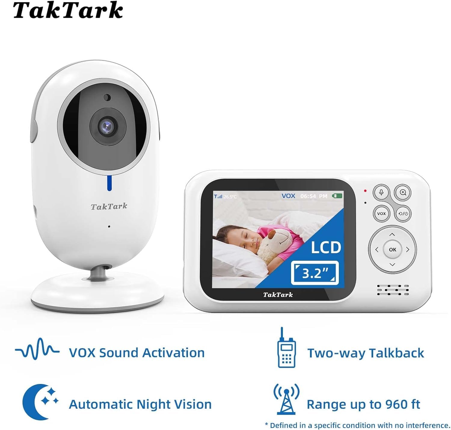 TakTark Baby Monitors, BM802 3.2" Video Baby Monitor with Camera and Audio, No WiFi, Night Vision, 2 Way Audio, Remote Pan & Tilt, VOX Sound Detection, Ideal for New Parents