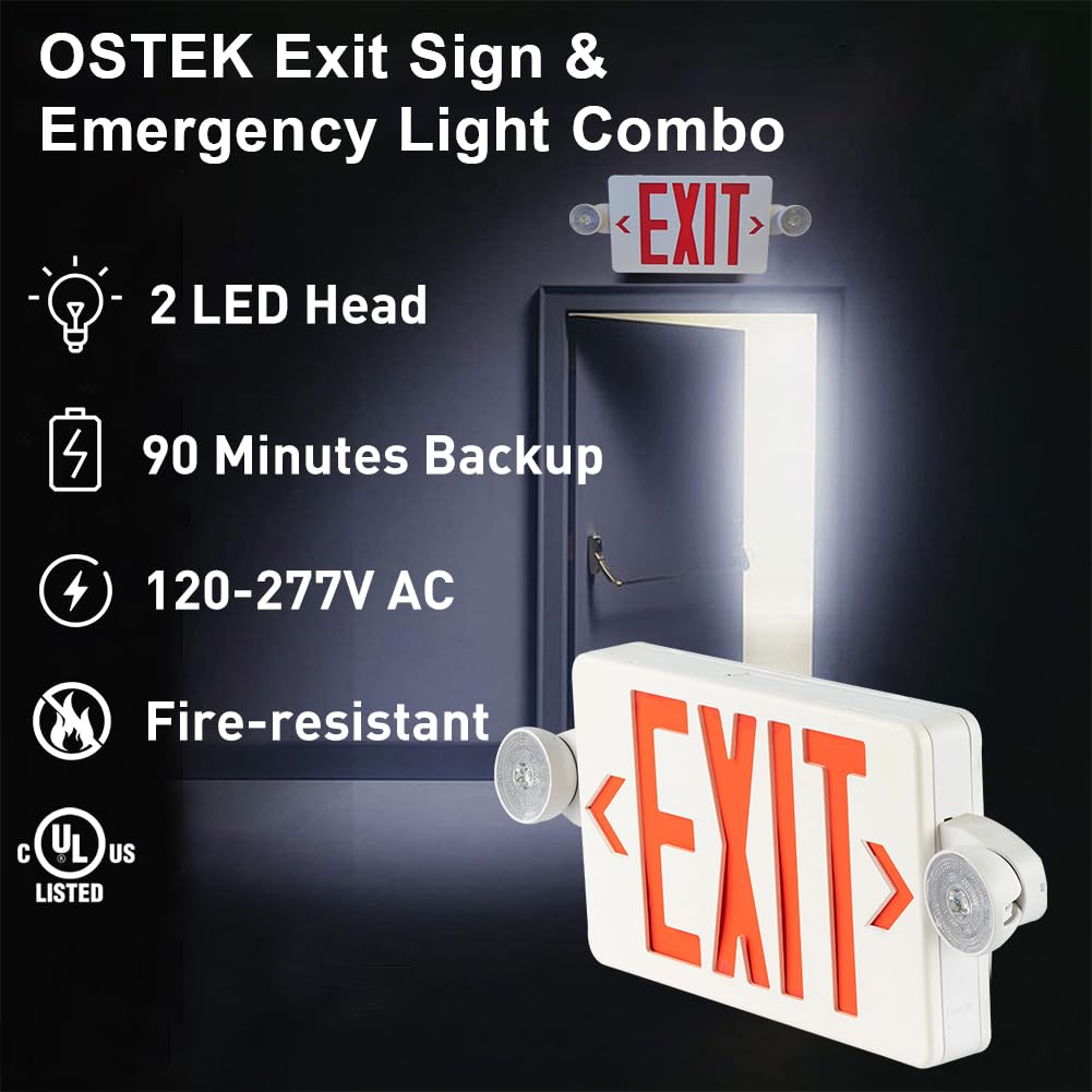 Exit Sign with Emergency Lights, Red Double-Face Exit Light with 90-Min Backup Battery, Universal Mount, Fire-Resistant ABS Housing, UL Listed, 120-277V (UL 94V-0 Rated)