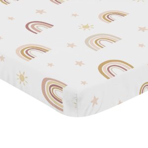 Sweet Jojo Designs Boho Rainbow Girl Fitted Mini Crib Sheet Baby Nursery for Portable Crib Pack Play - Blush Pink Dusty Rose Gold Yellow Mauve Taupe Beige Tan Bohemian Stars Sun Celestial Vintage Sky