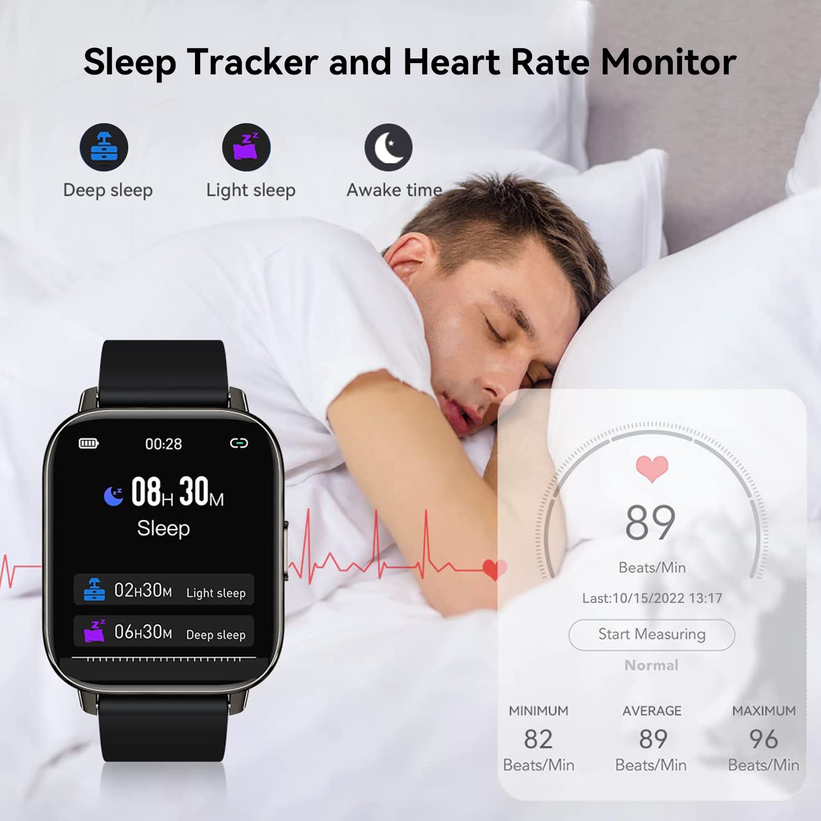 Smart Watch for Men Women 5ATM Waterproof Fitness Tracker Smartwatch with Heart Rate Blood Pressure SpO2 Sleep Mointor Sport Activity Watch for Android iOS Phones with Step Calories Counter Pedometer