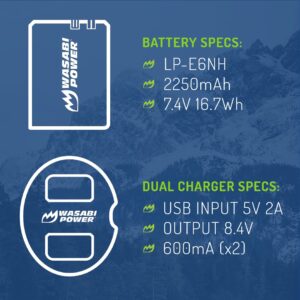 Wasabi Power LP-E6NH Battery (2-Pack) & Dual USB Charger for Canon EOS 5D Mark II/III/IV, 5DS, 5DS R, 6D, 6D Mark II, 7D, 7D Mark II, 70D, 80D, 90D, R, R5, R5C, R6, R7, Ra, XC10, XC15, BMPCC 4K and 6K