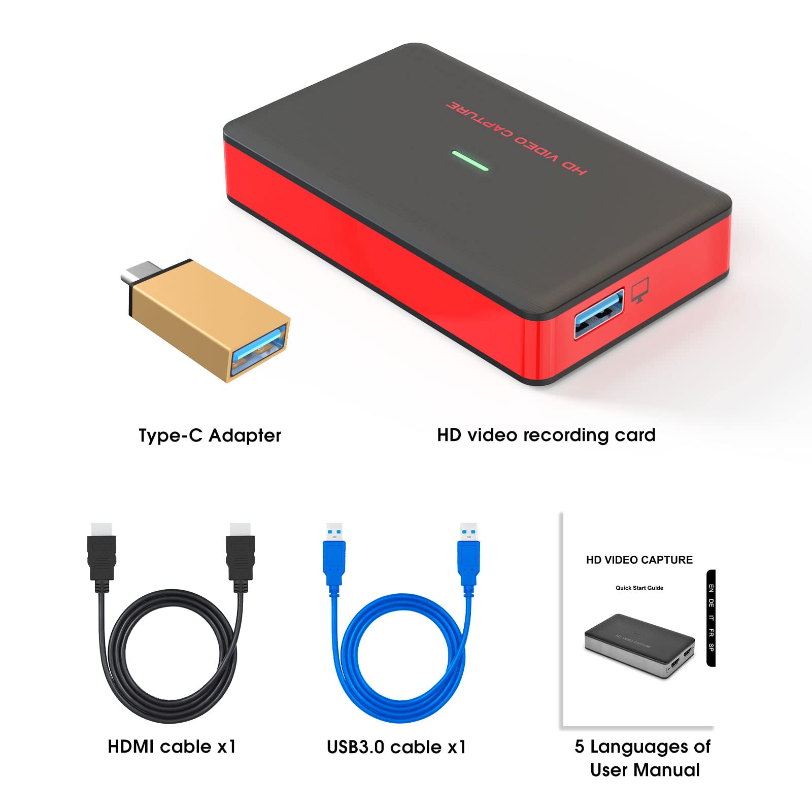 DIGITNOW USB3.0 HDMI Video Capture Card,1080P 60FPS HD Game Recorder Cam Link with HDMI Passthrough Live Streaming Recording Work with Xbox PS5 PS4 Swtich, Red, 3.66*2.16*0.59 in, BR140