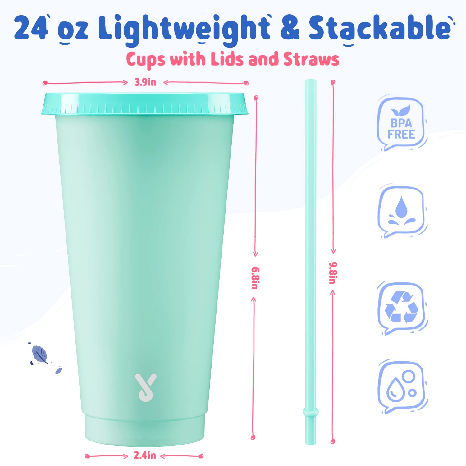 Meoky Plastic Cups with Lids and Straws - 6 Pack 24 oz Color Changing Cups with Lids and Straws Bulk, Reusable Cups with Lids and Straws for Adults Kid Women Party, Cute Cold Cups for Iced Coffee