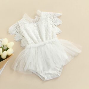 Newborn Infant Baby Girl Lace Ruffle Sleeve Romper Dress Sleeveless Jumpsuit Tutu SkirtPrincess Outfit (White, 0-6 Months)