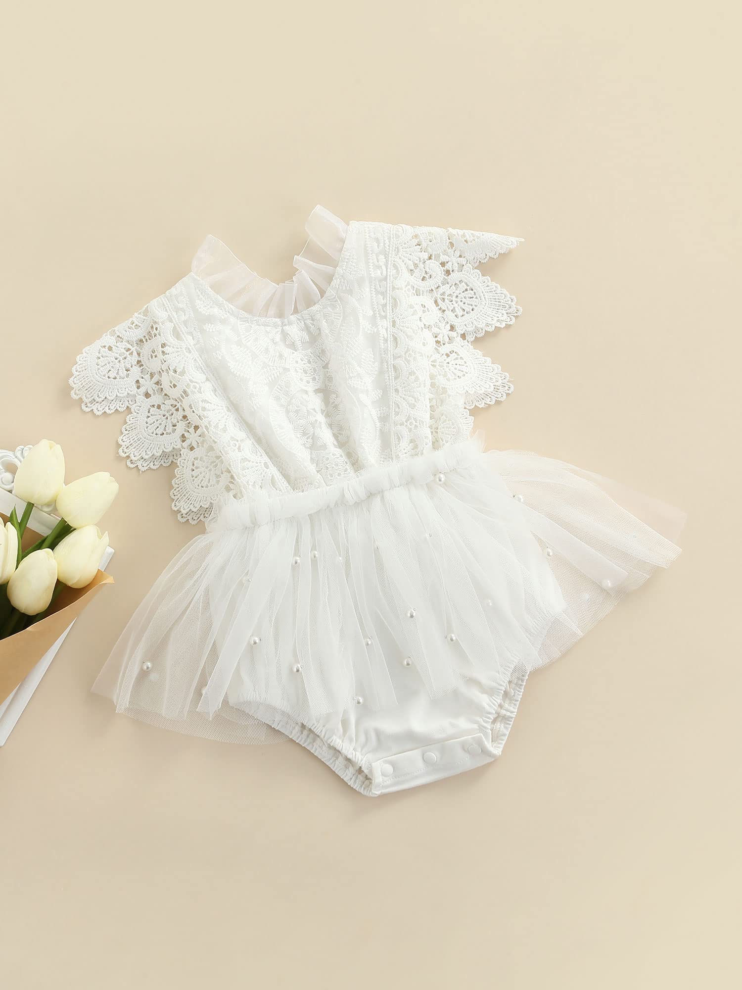 Newborn Infant Baby Girl Lace Ruffle Sleeve Romper Dress Sleeveless Jumpsuit Tutu SkirtPrincess Outfit (White, 0-6 Months)