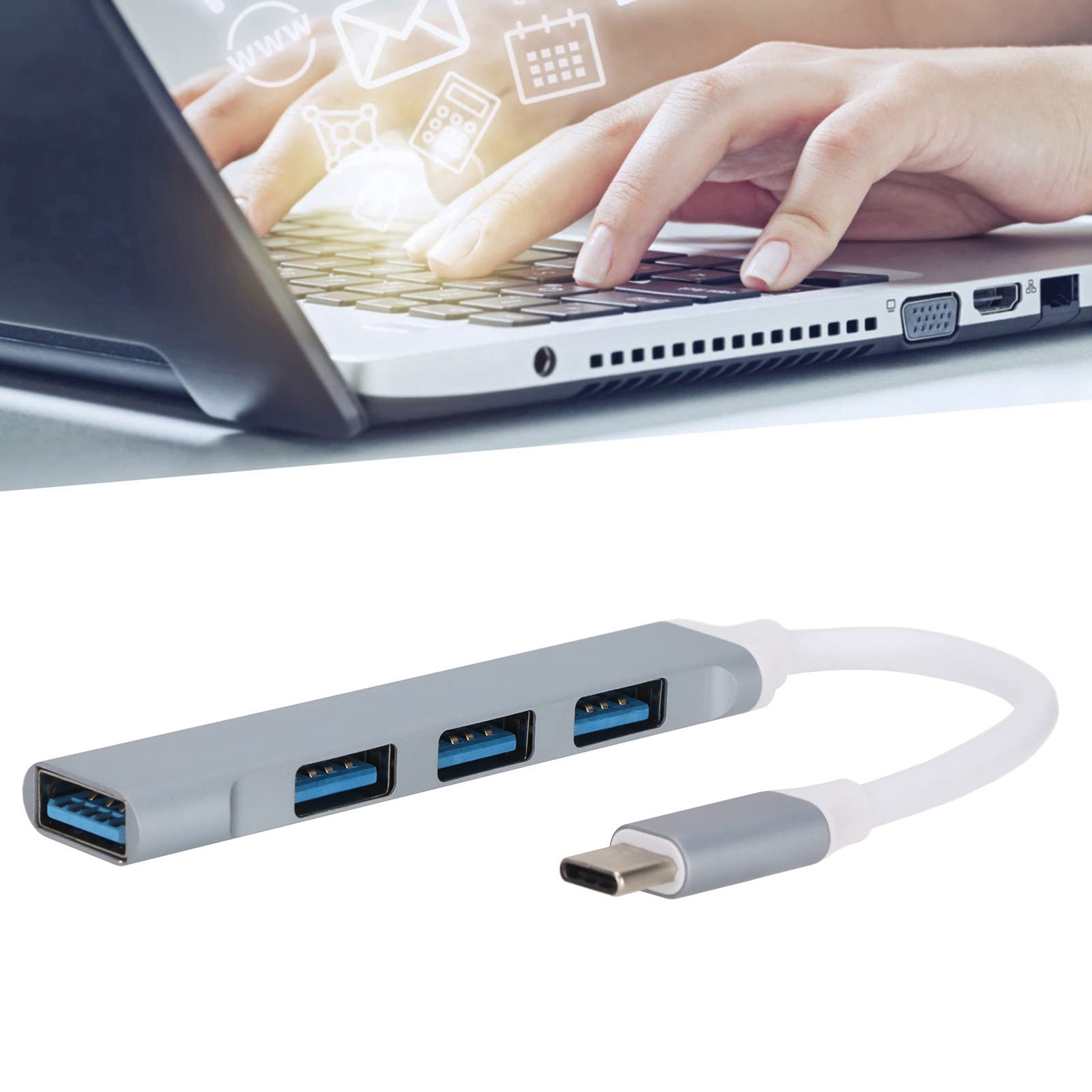 USB C Hub, 4 in 1 USB C to USB Adapter with USB 3.0 ＆ 3 USB 2.0 Ports, Portable Multiport USB C Splitter Hub for PC, Laptop, Mobile Phone, Tablet, Printer(Grey)