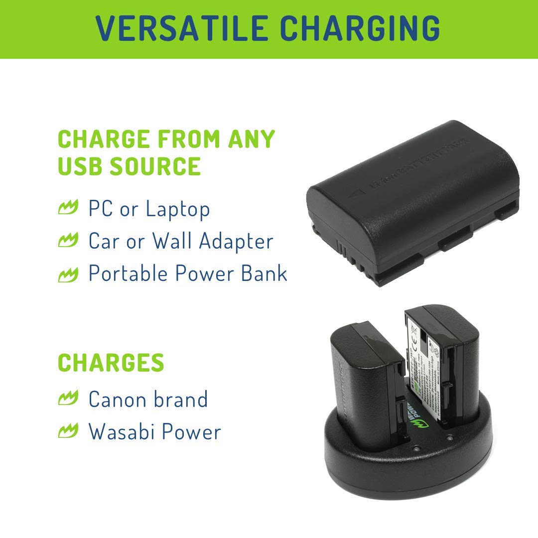 Wasabi Power LP-E6NH Battery (2-Pack) & Dual USB Charger for Canon EOS 5D Mark II/III/IV, 5DS, 5DS R, 6D, 6D Mark II, 7D, 7D Mark II, 70D, 80D, 90D, R, R5, R5C, R6, R7, Ra, XC10, XC15, BMPCC 4K and 6K