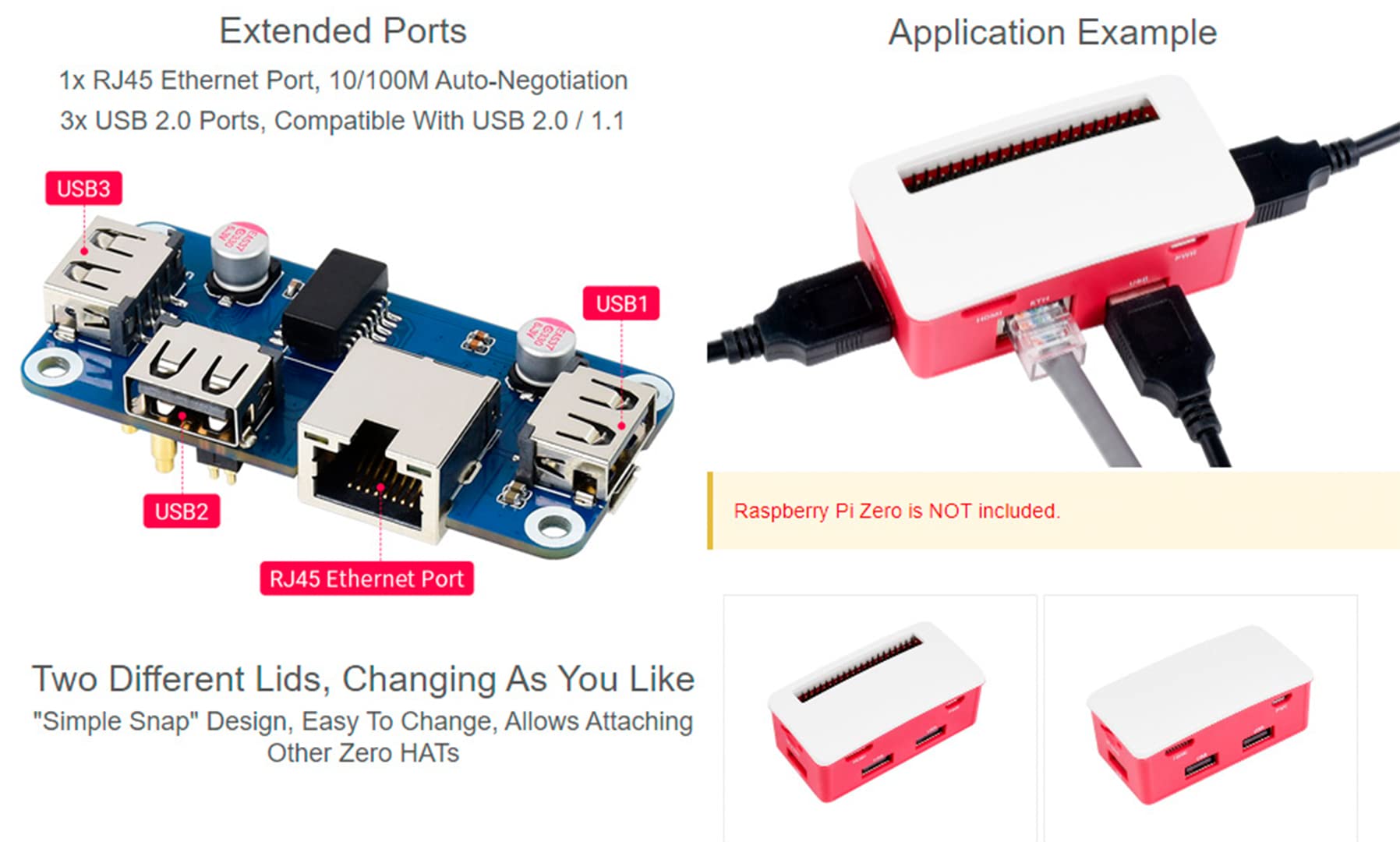 Ethernet/USB HUB HAT Board with ABS Case for Raspberry Pi Zero 2 W/Zero 2WH/Pi Zero/Zero W/Zero WH,with 3X USB Ports, Compatible with USB 2.0/1.1 and 1x RJ45 Ethernet Port 10/100M Auto-Negotiation