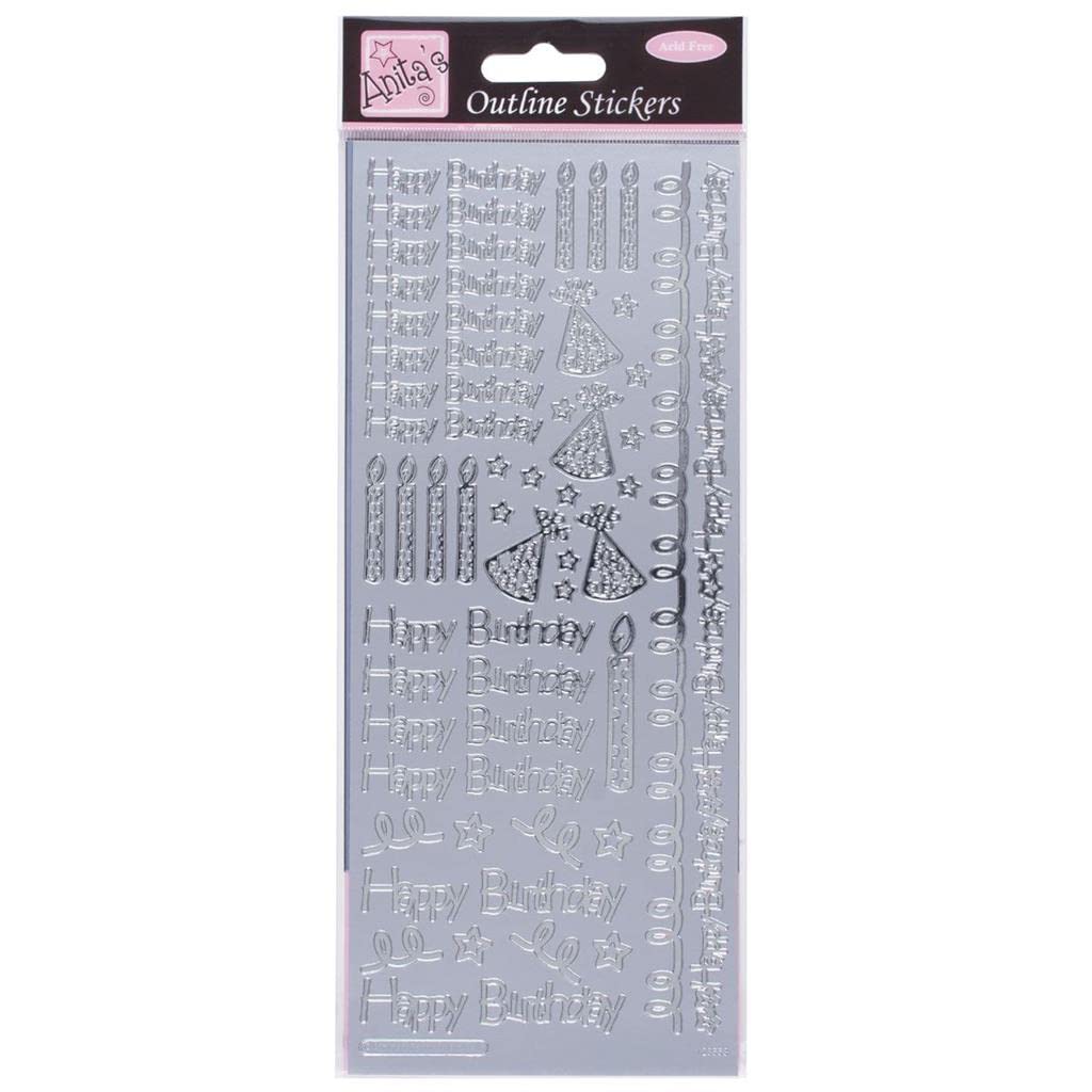 Shiny Silver Foil Happy Birthday Labels and Stickers for Craft Cards and Decoration