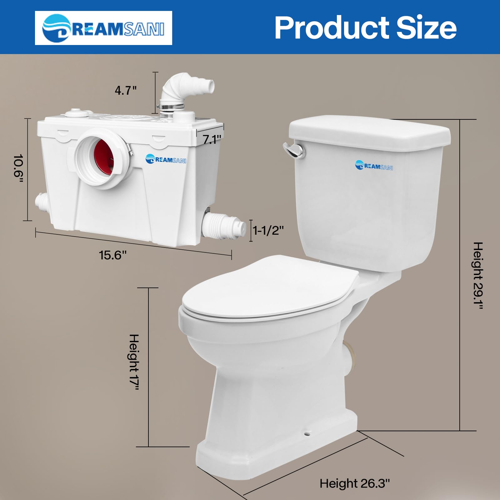 Upflush Macerating Toilet (3-Piece Kit)- Upflush Toilet for Basement Toilet System, Macerating Toilet with 500 Watt Macerator Pump, Extension Pipe and Round Bowl, for Kitchen Sink, Bathroom, Laundry