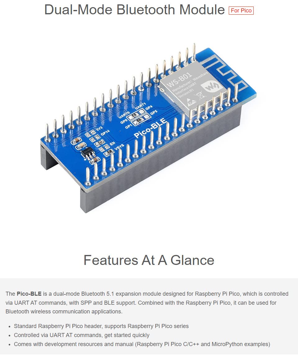 Waveshare Dual-Mode Module for Raspberry Pi Pico SPP/BLE Wireless