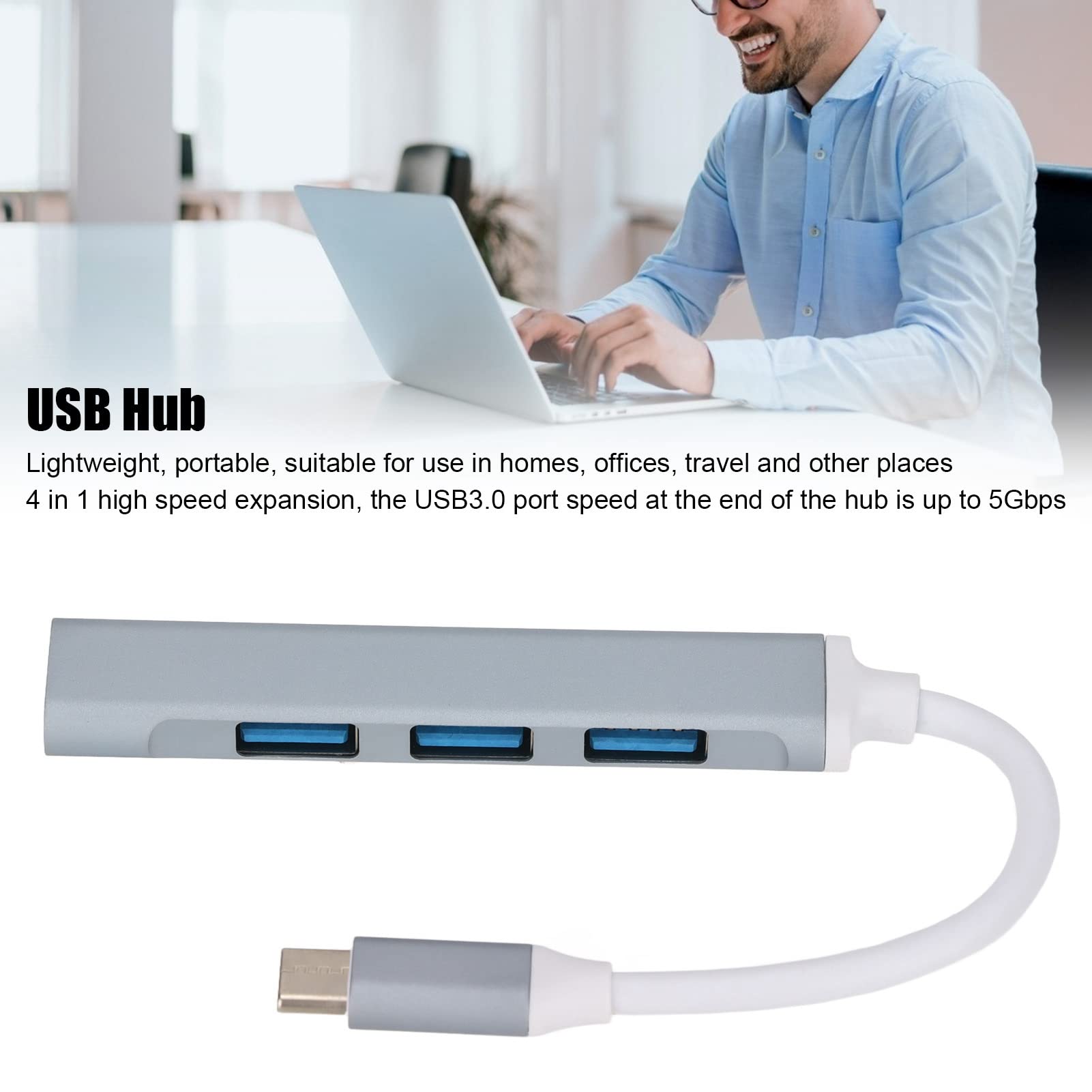 USB C Hub, 4 in 1 USB C to USB Adapter with USB 3.0 ＆ 3 USB 2.0 Ports, Portable Multiport USB C Splitter Hub for PC, Laptop, Mobile Phone, Tablet, Printer(Grey)