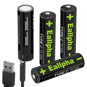 eallpha rechargeable aa batteries 3000mwh,2hours fast charge aa rechargeable lithium batteries, usb c rechargeable aa batteries, 1200+ cycles 1.5v lithium aa batteries for toy cars toothbrush（4 packs