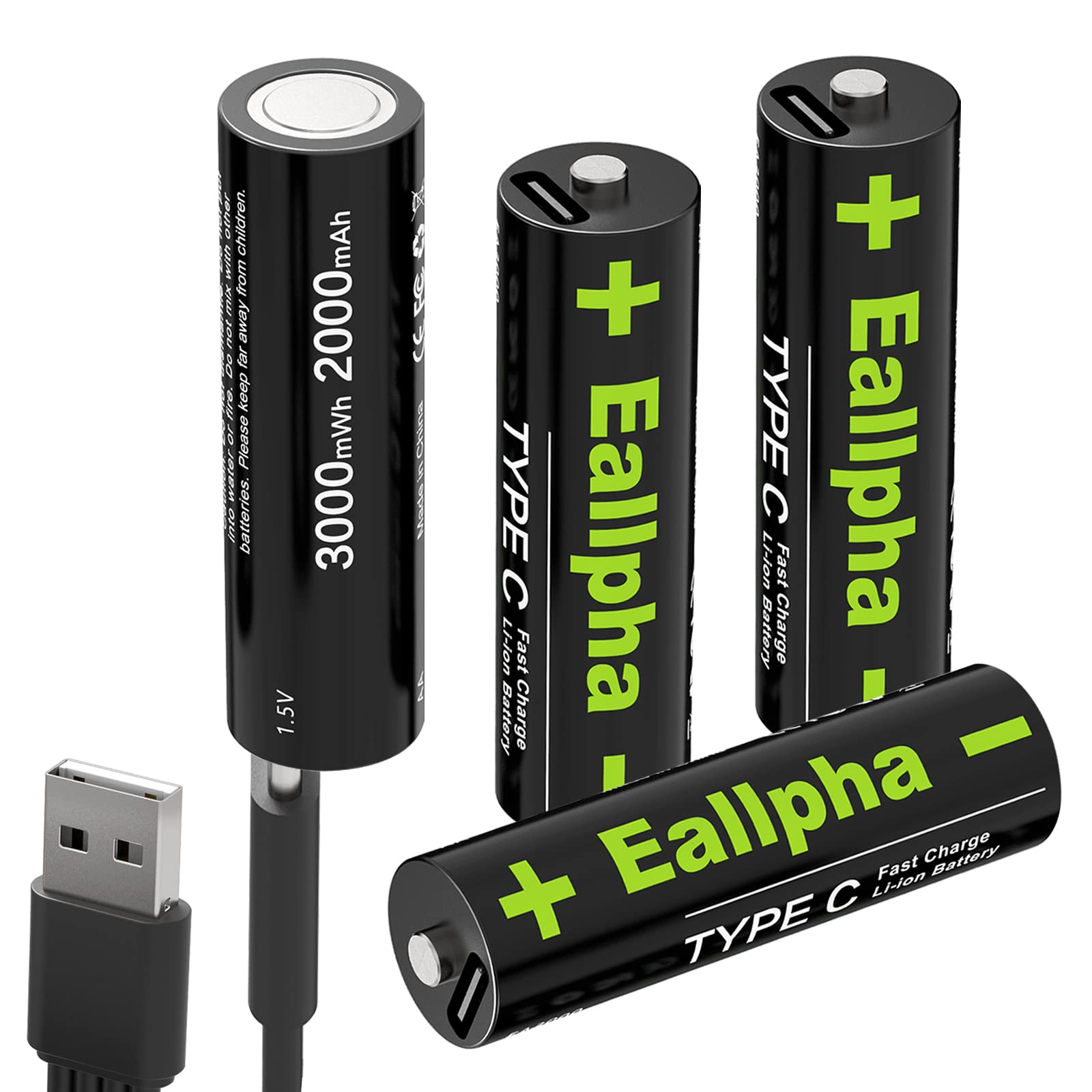 Eallpha Rechargeable AA Batteries 3000mWh,2Hours Fast Charge AA Rechargeable Lithium Batteries, USB C Rechargeable AA Batteries, 1200+ Cycles 1.5V Lithium AA Batteries for Toy Cars Toothbrush（4 Packs