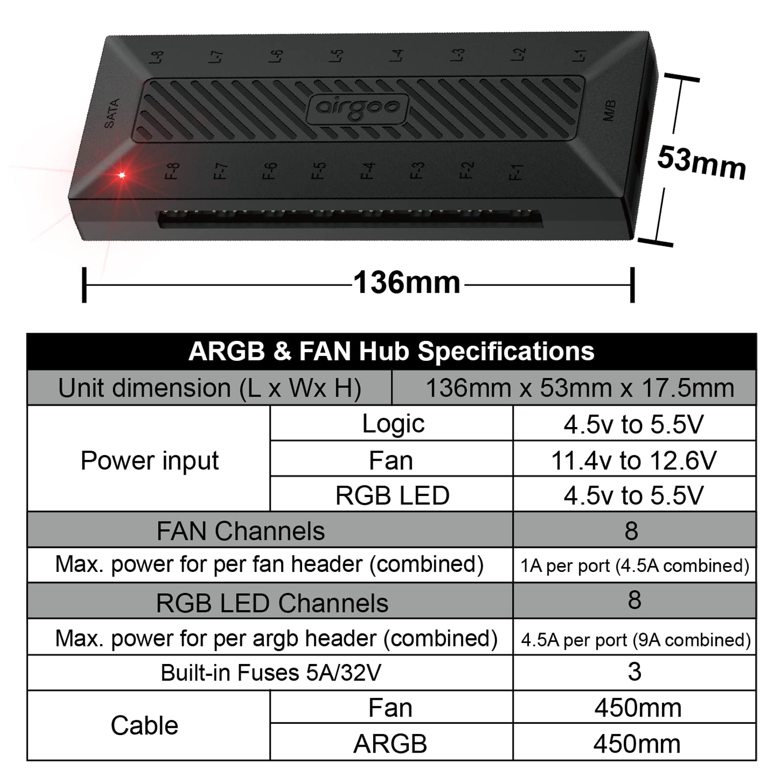 Airgoo PWM ARGB Fan Hub, 8 Fan Ports with pwm Temperature Control sync with Motherboard, 8 Addressable RGB LED Ports for 5V 3-pin Aura SYNC, Gigabyte RGB Fusion, MSI Mystic Light Sync, Sata Powered