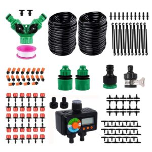 100ft/30m drip irrigation kit 154pcs diy automatic garden irrigation system with 2 outlet water sprinkler timer for garden,greenhouse 1/4" tubing hose adjustable nozzles micro drip set