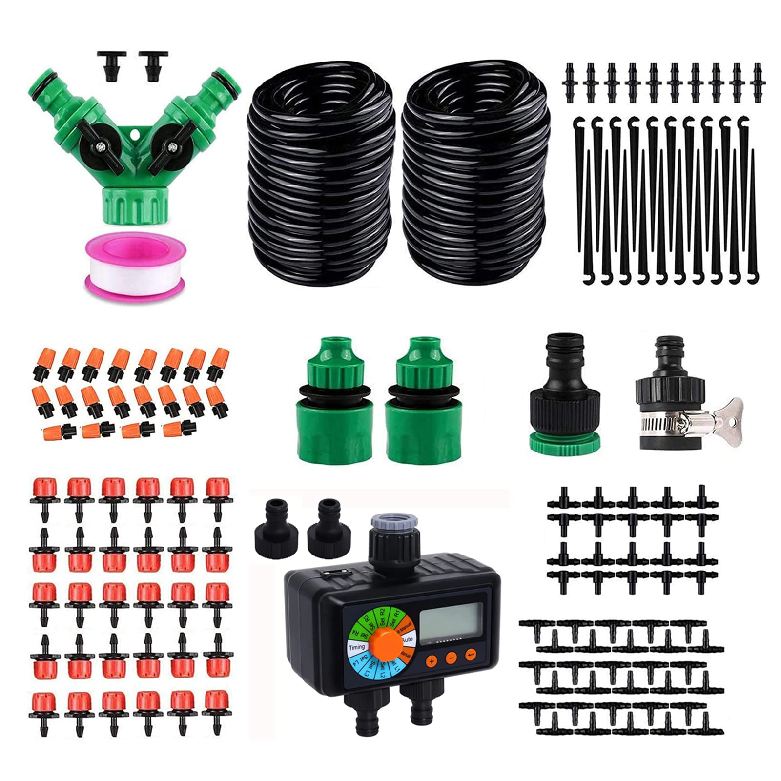 100ft/30M Drip Irrigation Kit 154PCS DIY Automatic Garden Irrigation System with 2 Outlet Water Sprinkler Timer for Garden,Greenhouse 1/4" Tubing Hose Adjustable Nozzles Micro Drip Set