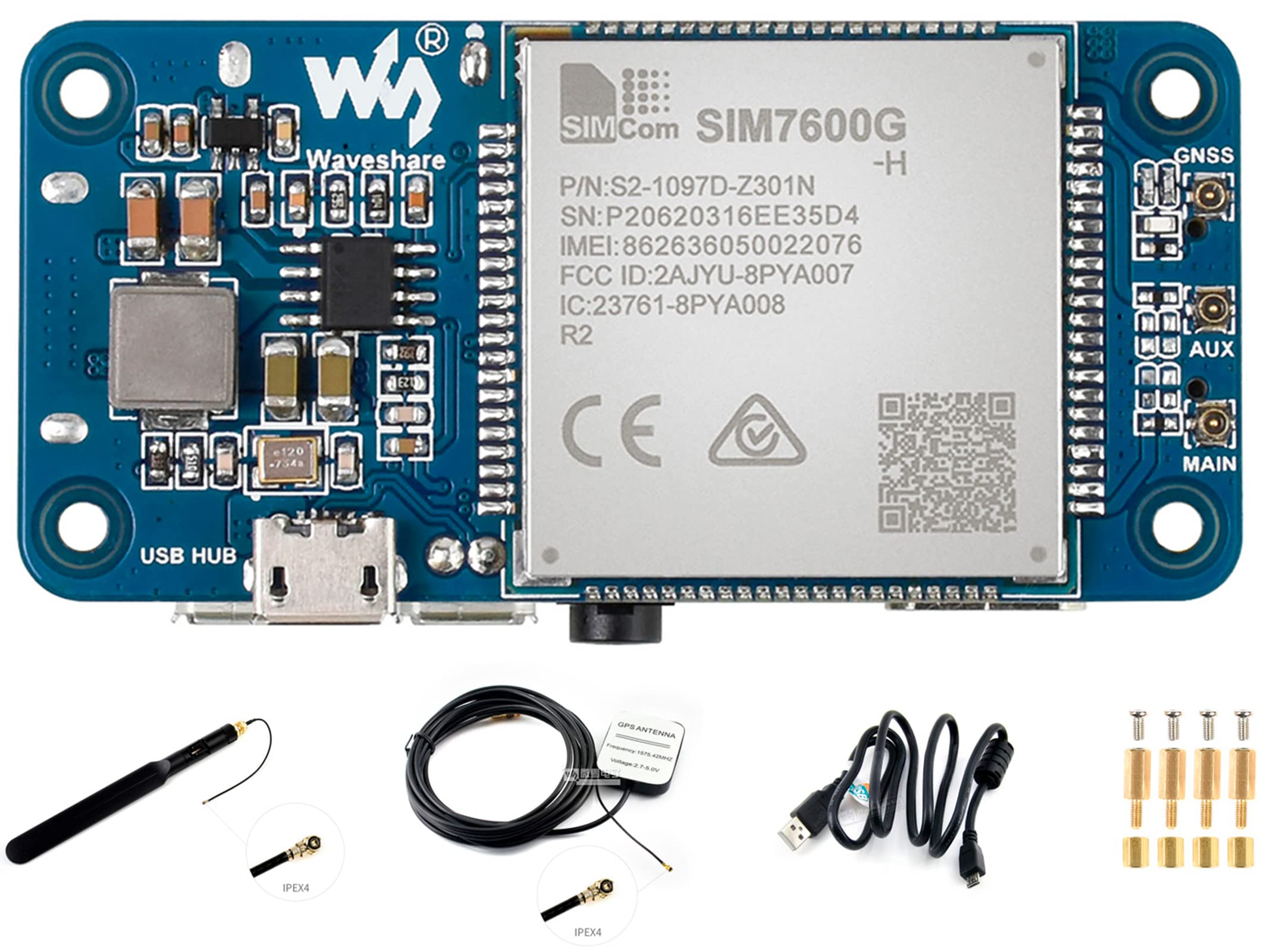 SIM7600G-H 4G HAT for Raspberry Pi and PC Support LTE Cat-4 4G/3G /2G up to 50Mbps Uplink and 150Mbps Downlink for 4G Network GNSS Positioning, Global Band