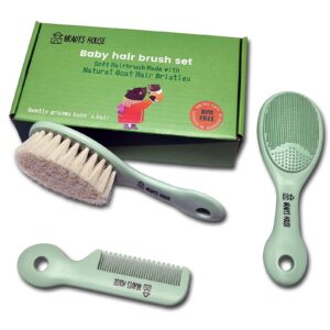 BRADYS HOUSE - 3 Piece Baby Hair Brush & Comb Set for Newborns- Soft Goat Bristle Hair-Brush, Silicone Bath Brush and Plastic Comb for Infant, Toddler, Kids - Baby