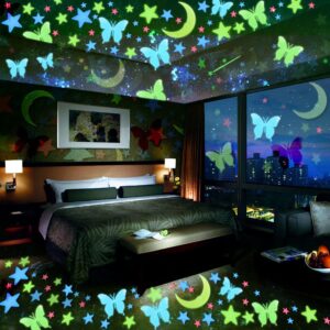 glow in dark stars,moon, butterfly- bright multicolor wall stickers for ceiling decals-bedroom living room decor kit for kids boys girls (312pcs)