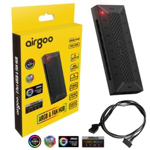 airgoo pwm argb fan hub, 8 fan ports with pwm temperature control sync with motherboard, 8 addressable rgb led ports for 5v 3-pin aura sync, gigabyte rgb fusion, msi mystic light sync, sata powered