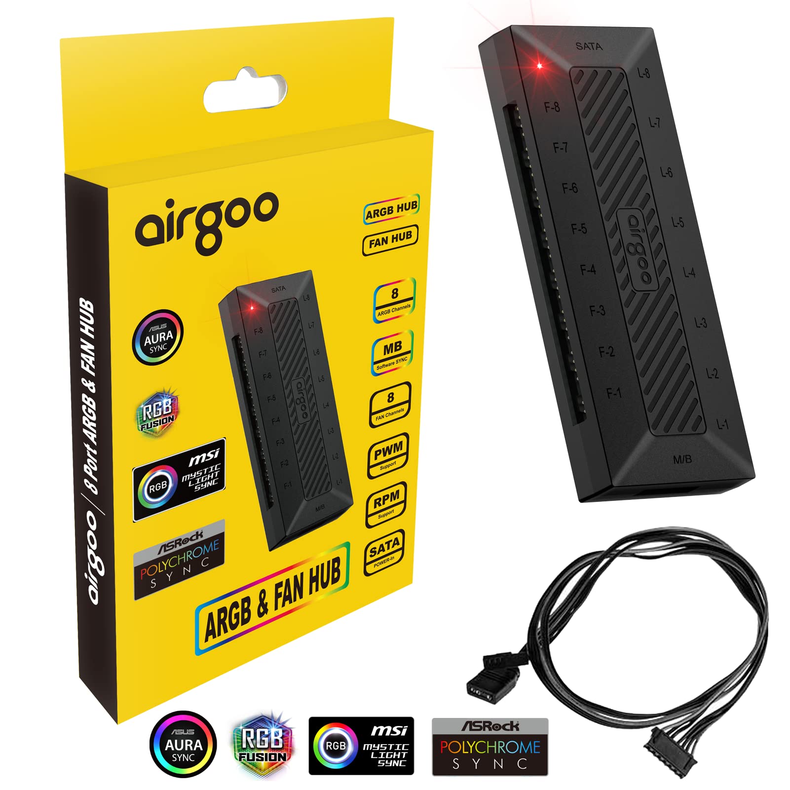 Airgoo PWM ARGB Fan Hub, 8 Fan Ports with pwm Temperature Control sync with Motherboard, 8 Addressable RGB LED Ports for 5V 3-pin Aura SYNC, Gigabyte RGB Fusion, MSI Mystic Light Sync, Sata Powered